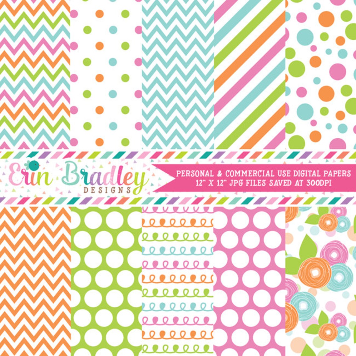 Instant Download Digital Paper Pack Pink Green Blue & Orange - Etsy