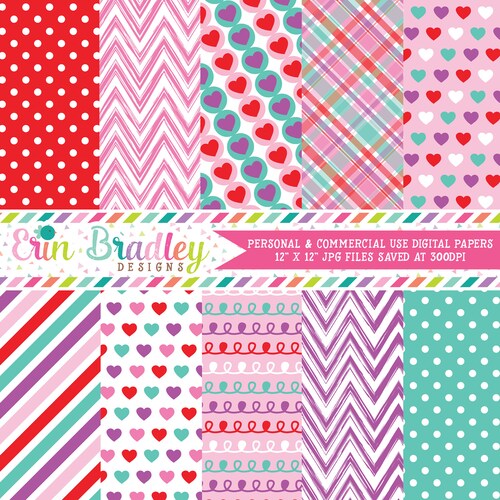 Purple Love Valentines Day Digital Paper Pack Hearts Chevron - Etsy