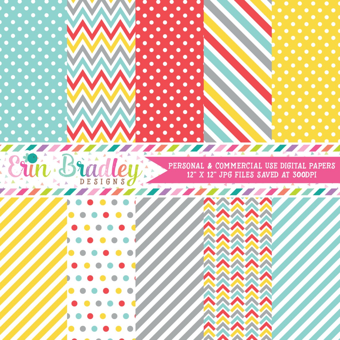 Blue Yellow Red & Gray Digital Paper Pack Commercial Use - Etsy