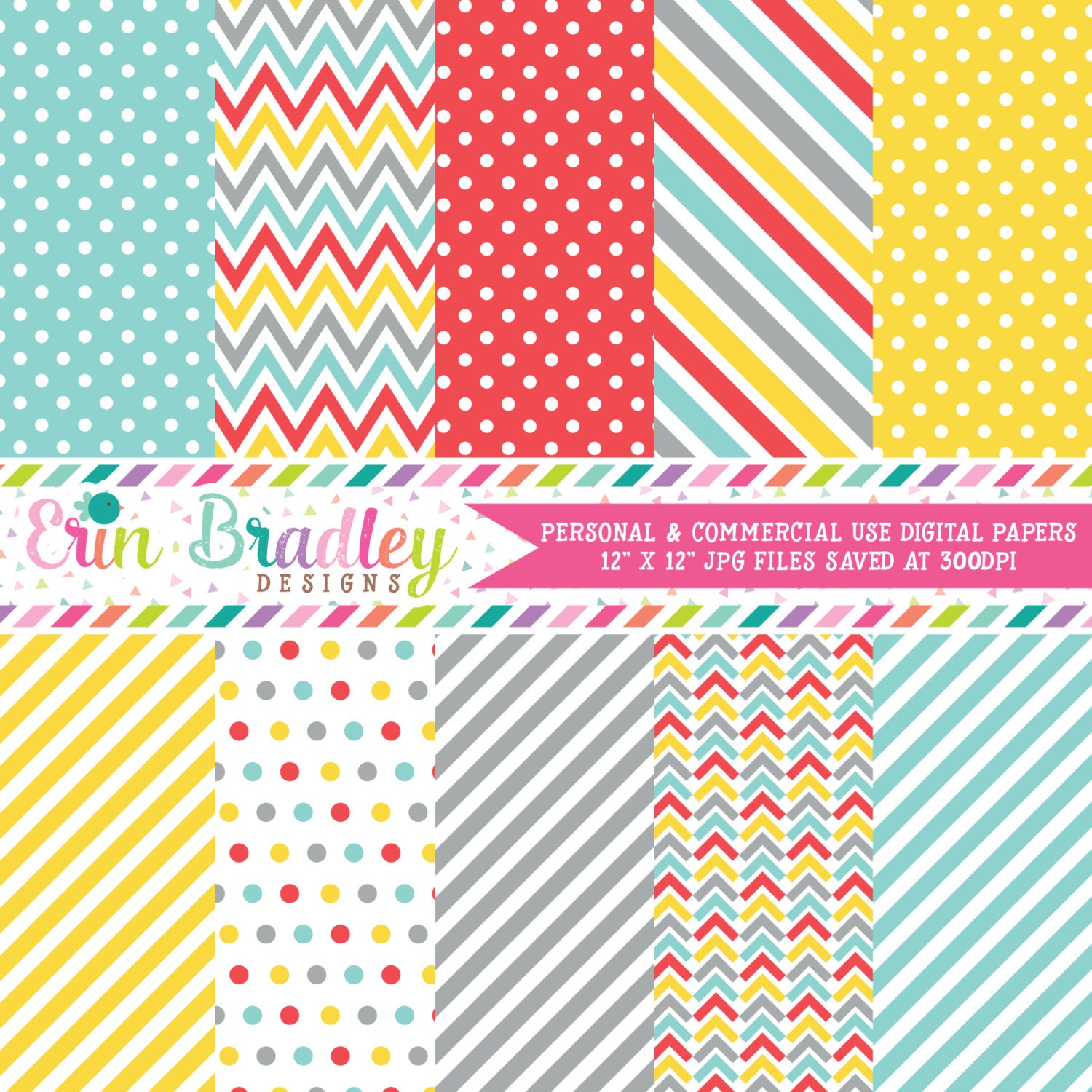 Blue Yellow Red & Gray Digital Paper Pack Commercial Use - Etsy