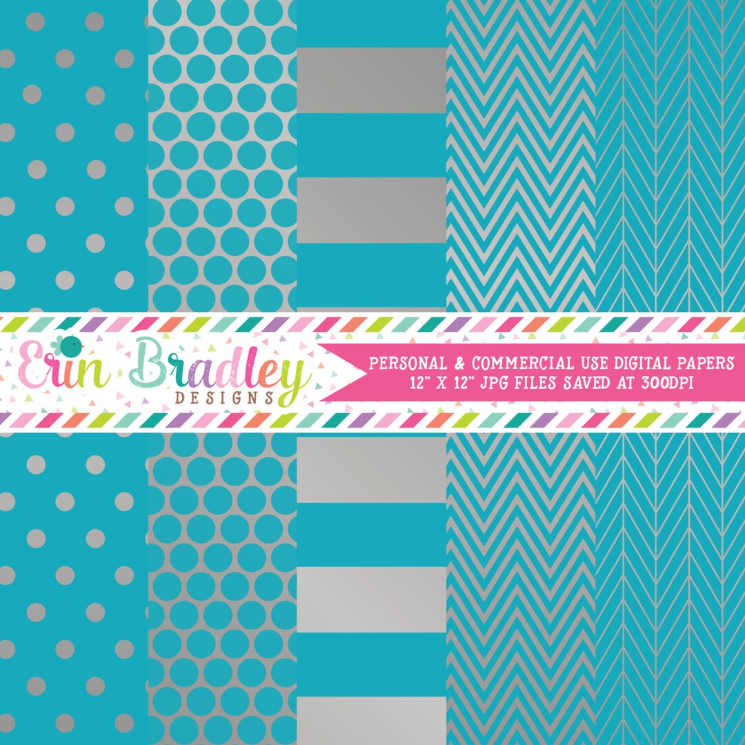 Silver Foil & Blue Digital Paper Pack Commercial Use Digital Scrapbook ...