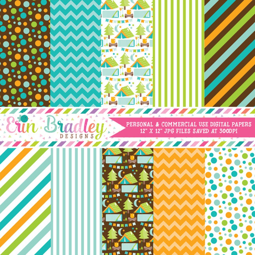 Camping Digital Papers: Blue Polka Dots, Chevron & Stripes (digital ...