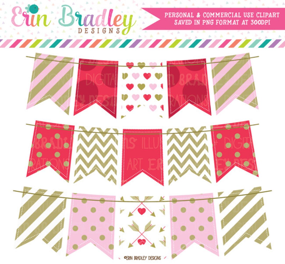 Valentines Day Bunting Clipart Graphics Pink Red Gold Banner Flags ...