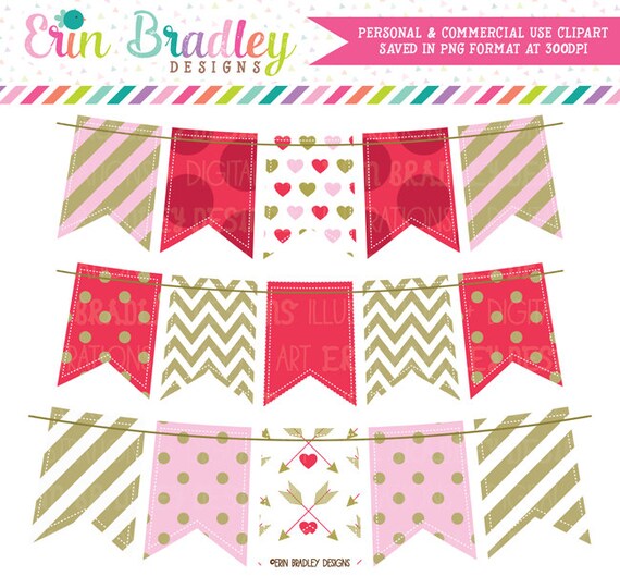 Valentines Day Bunting Clipart Graphics Pink Red Gold Banner Flags ...