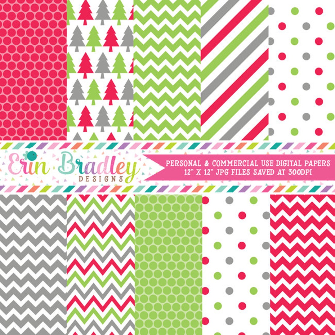 Holiday Red Green & Gray Christmas Digital Paper Pack Commercial Use ...