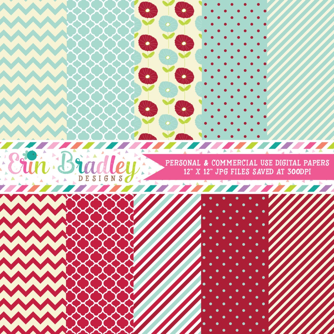 Digital Scrapbook Papers Personal and Commercial Use Blue Red Cream ...