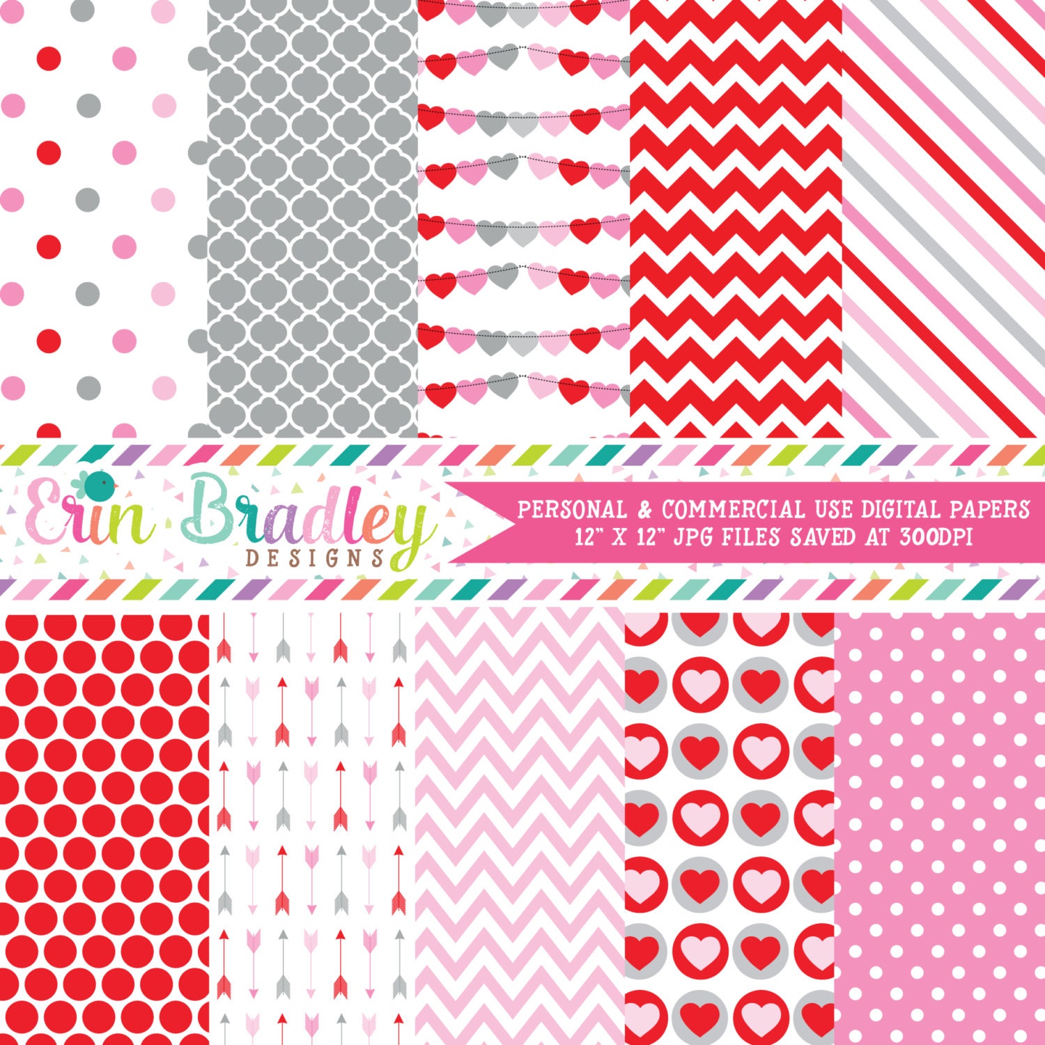 Valentines Day Digital Papers Digital Backgrounds Hearts Polka | Etsy