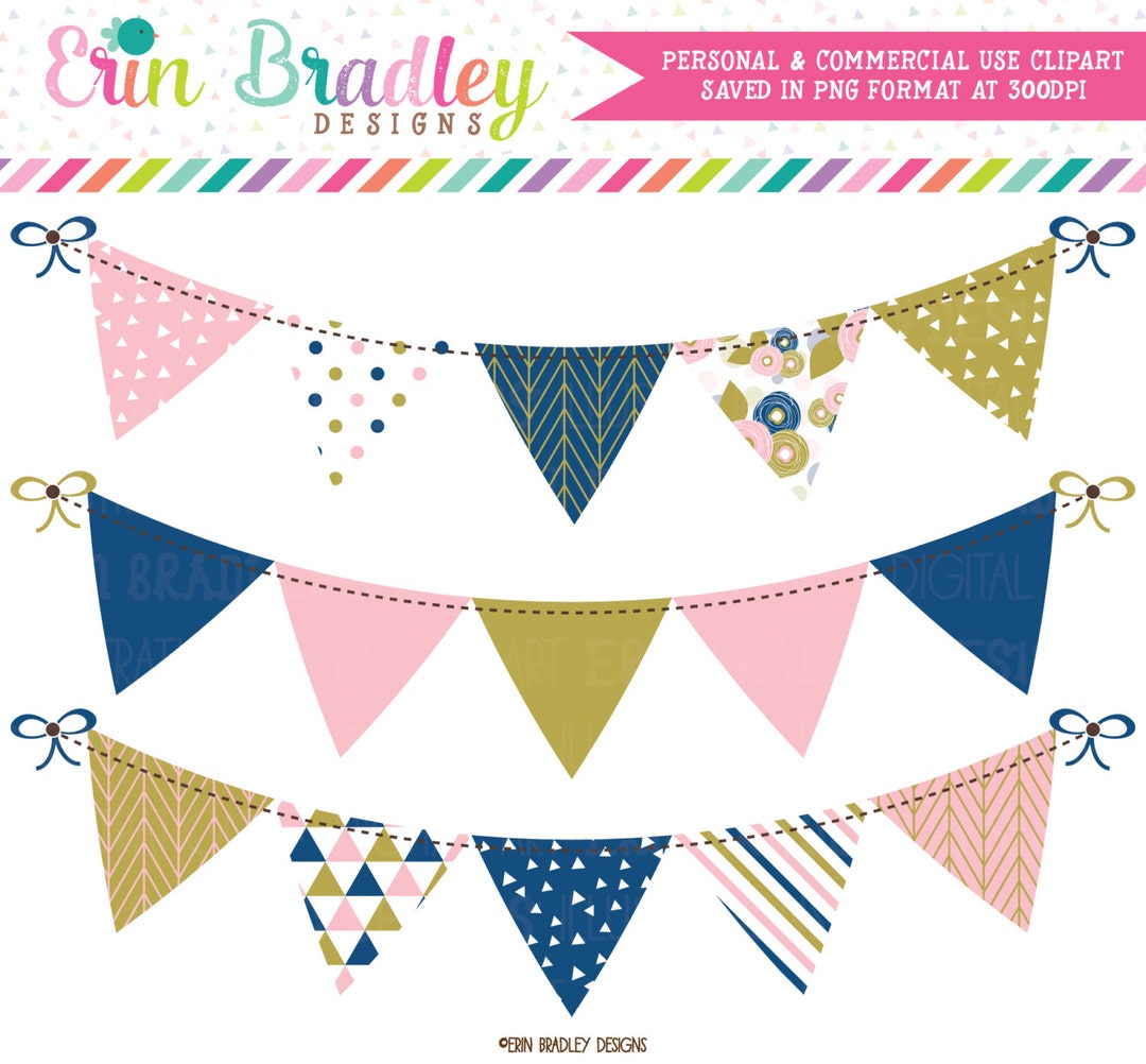 Clipart Banner Flag Bunting Set in Pink Blue & Gold With Triangles ...