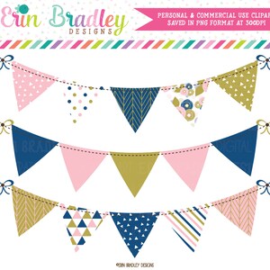 Clipart Banner Flag Bunting Set in Pink Blue & Gold With Triangles ...