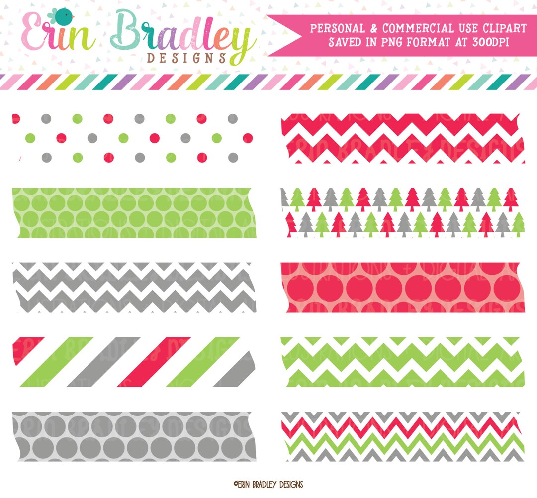 Christmas Digital Washi Tape Clipart, Red Green & Gray Digital ...