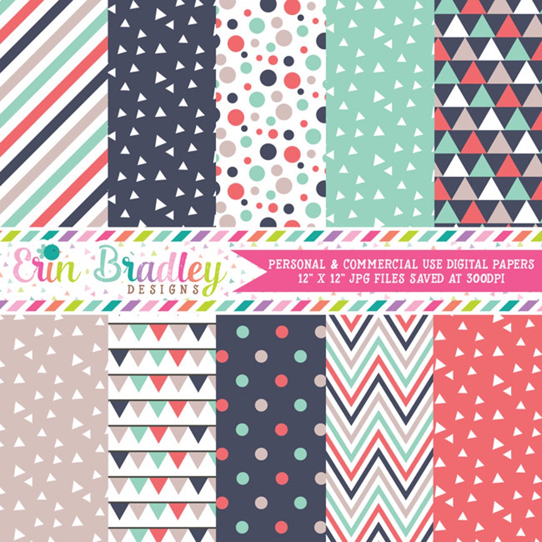 Triangle Digital Paper Pack Digital Scrapbooking Paper Set With Stripes ...