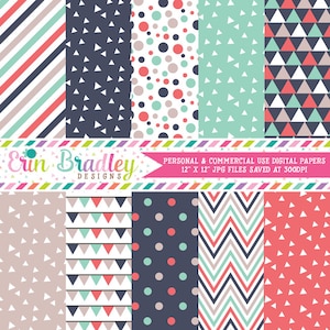 Triangle Digital Paper Pack Digital Scrapbooking Paper Set With Stripes ...