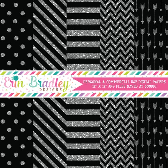 Silver Glitter Digital Paper Pack with Black Commercial Use Digital ...