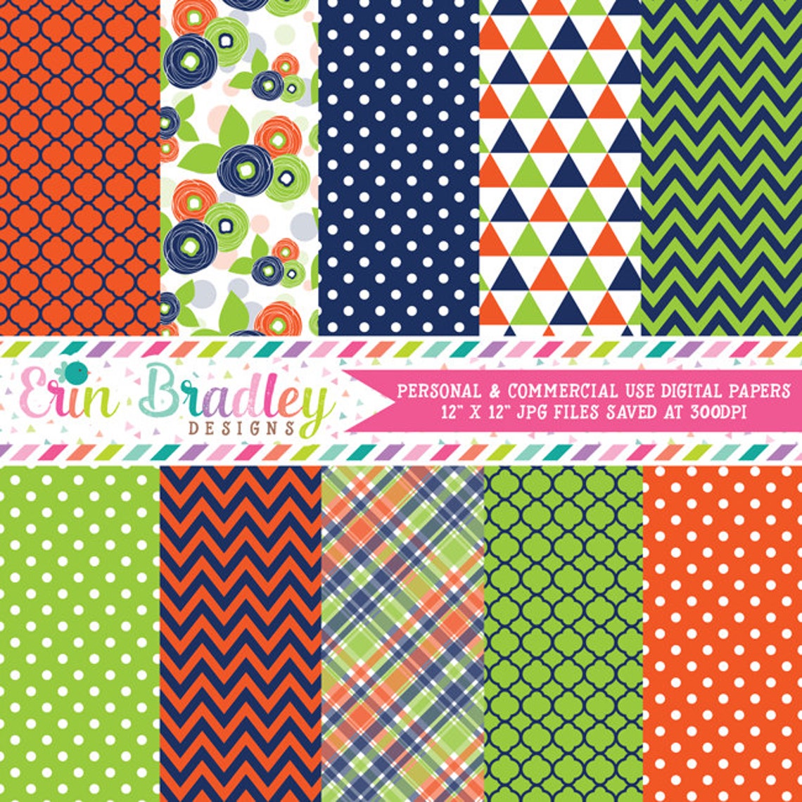 Floral Digital Paper Pack With Blue Orange & Green Flowers | Etsy