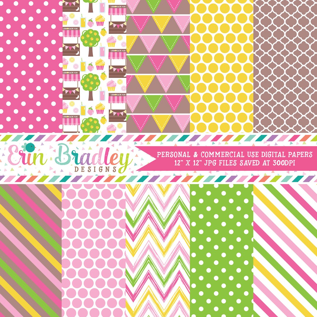 Lemonade Stand Digital Paper Pack Pink Green Yellow Digital Scrapbook ...