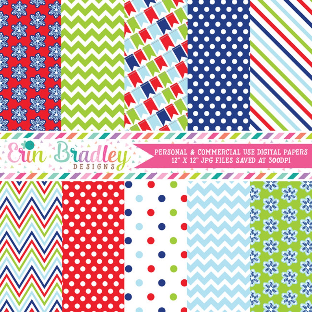 Digital Papers, Red Blue Green Winter Digital Paper Pack, Snowflakes ...