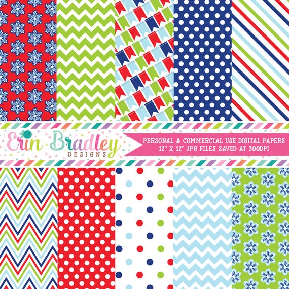 Digital Papers, Red Blue Green Winter Digital Paper Pack, Snowflakes ...