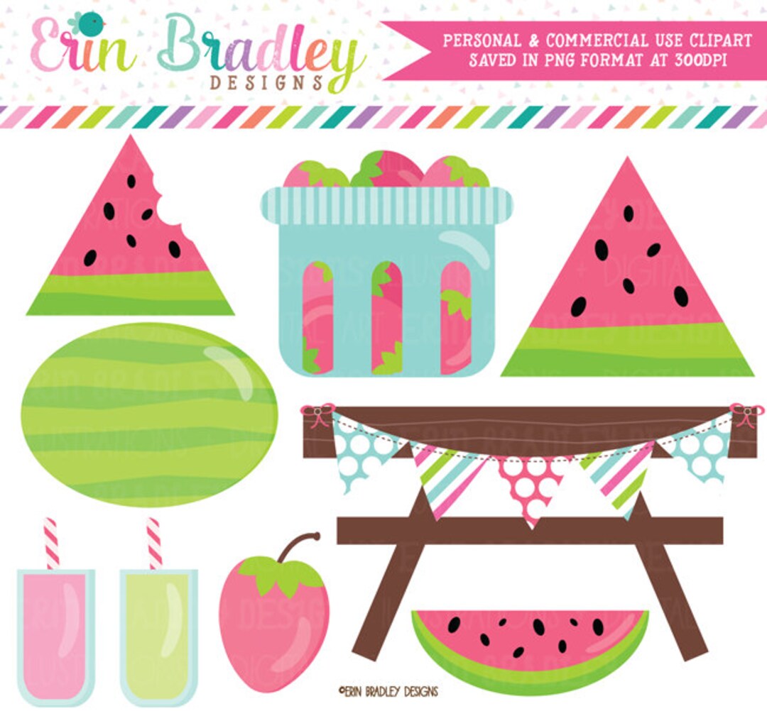 Watermelon Picnic Clipart Set: Strawberries, Table, Drinks (digital ...