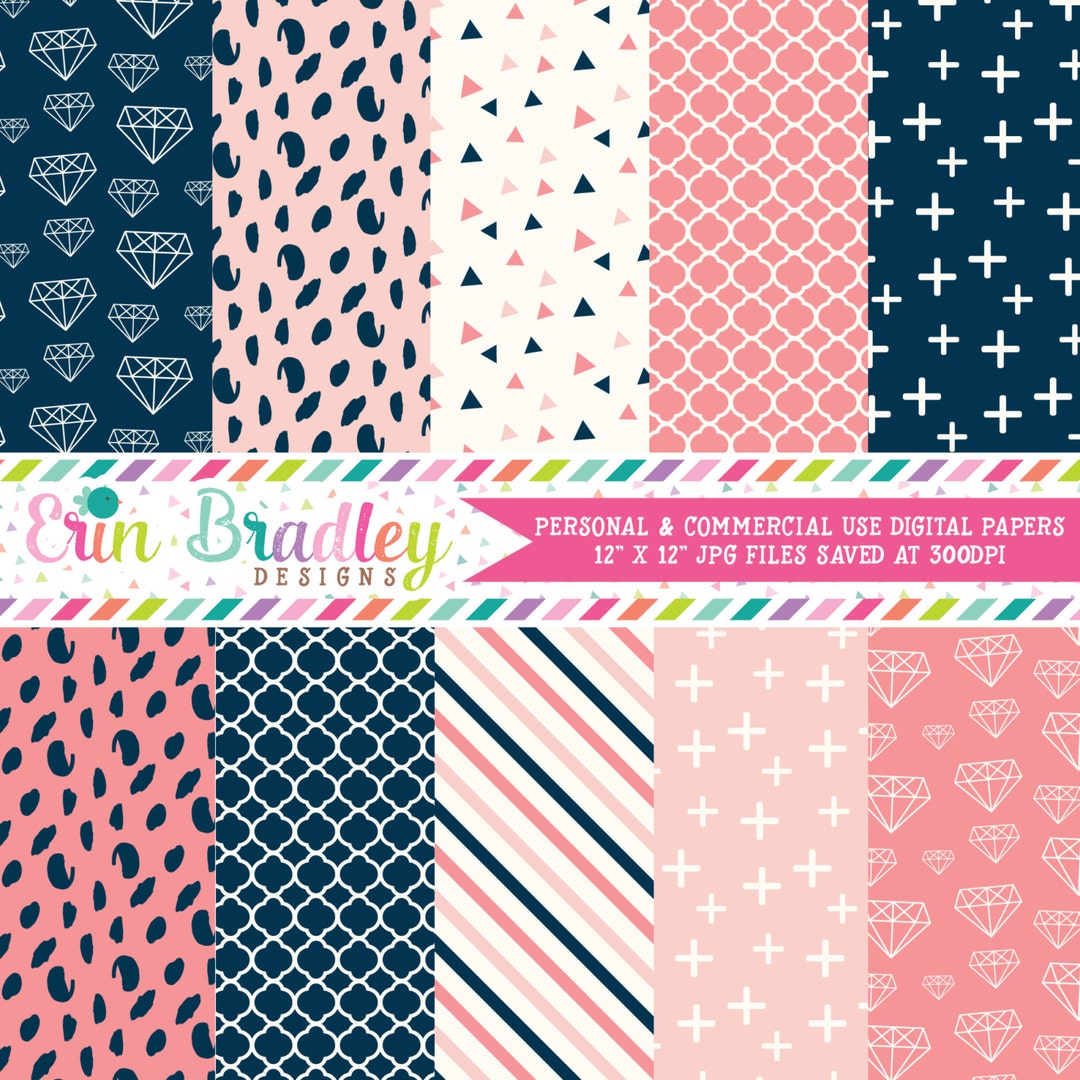 Diamond Digital Paper Pack in Navy Blue & Pink - Etsy
