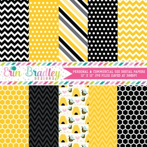 Bumble Bee Commercial Use Digital Paper Pack Chevron Stripes and Polka ...
