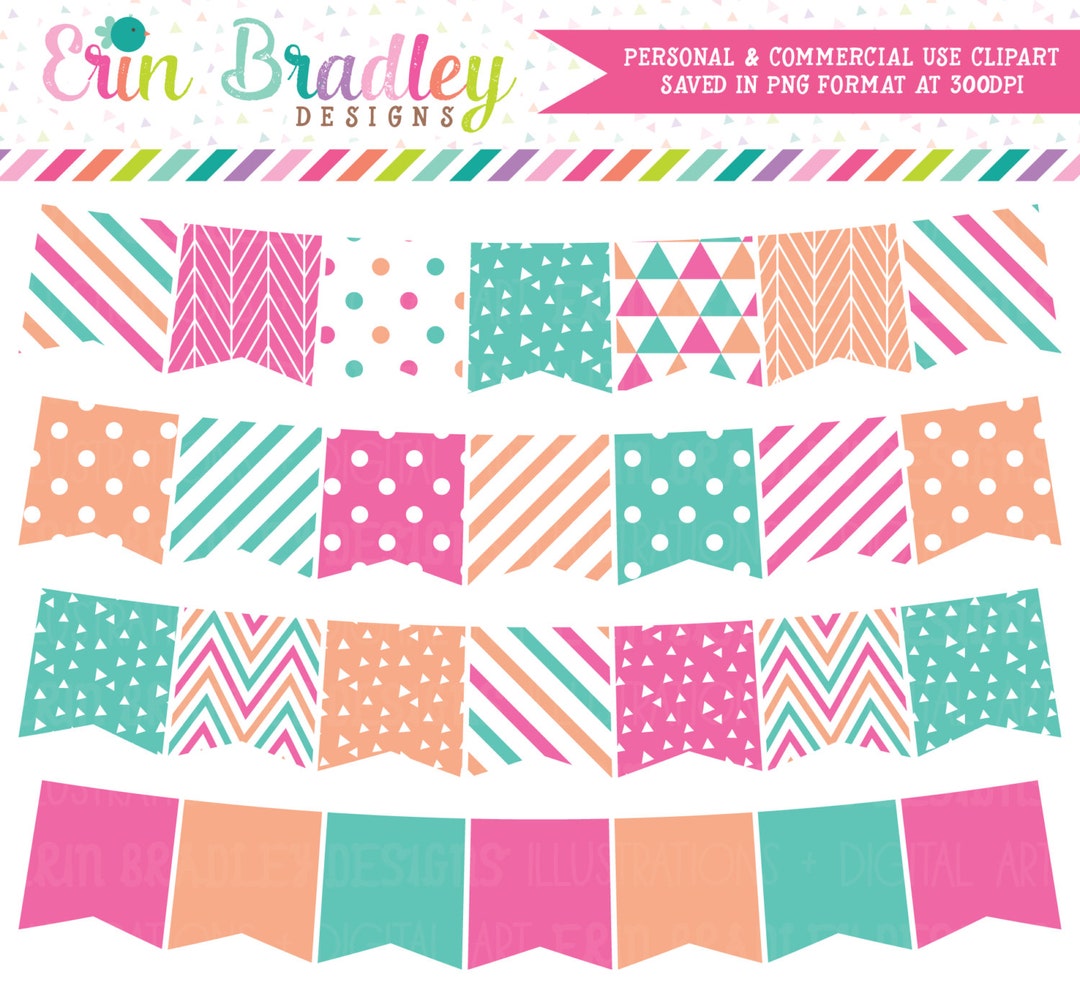 Bunting Clipart Pink Peach & Aqua Blue Banner Flags Commercial Use Clip ...