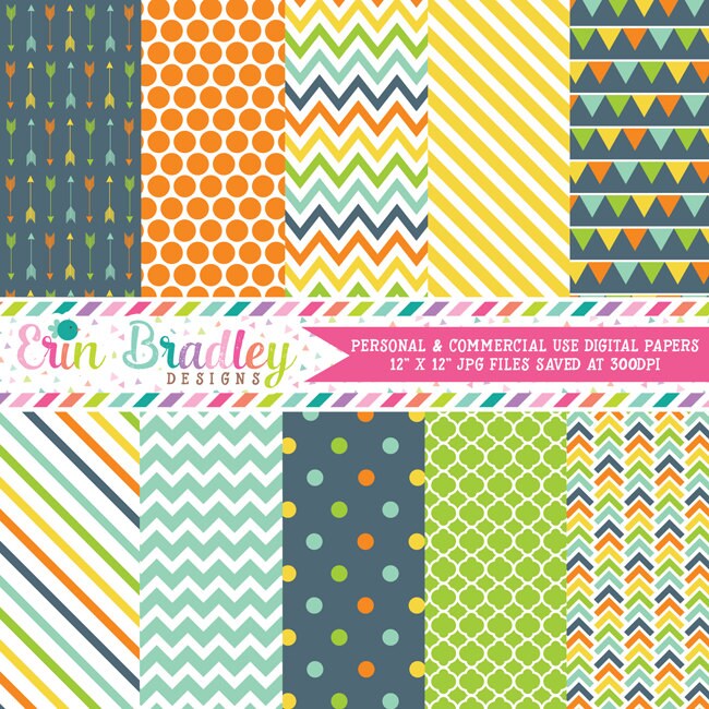Blue Orange Yellow Green Digital Paper Pack Personal & | Etsy