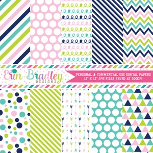 Commercial Use Digital Paper Pack Navy Blue Pink & Green Stripes Arrows ...