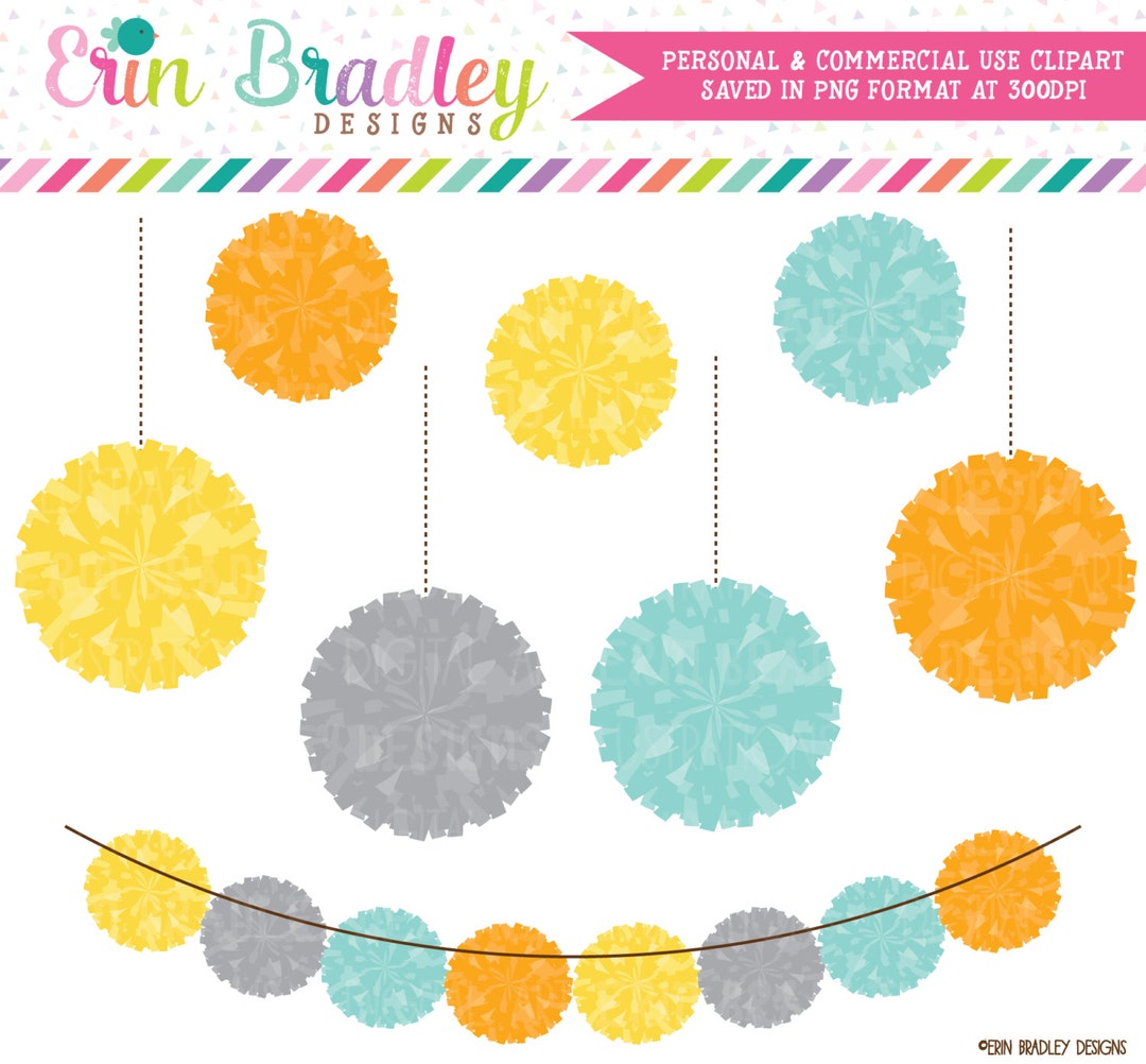 Pom Pom Garland Digital Clipart Graphics Commerical Use Party Poms Clip ...