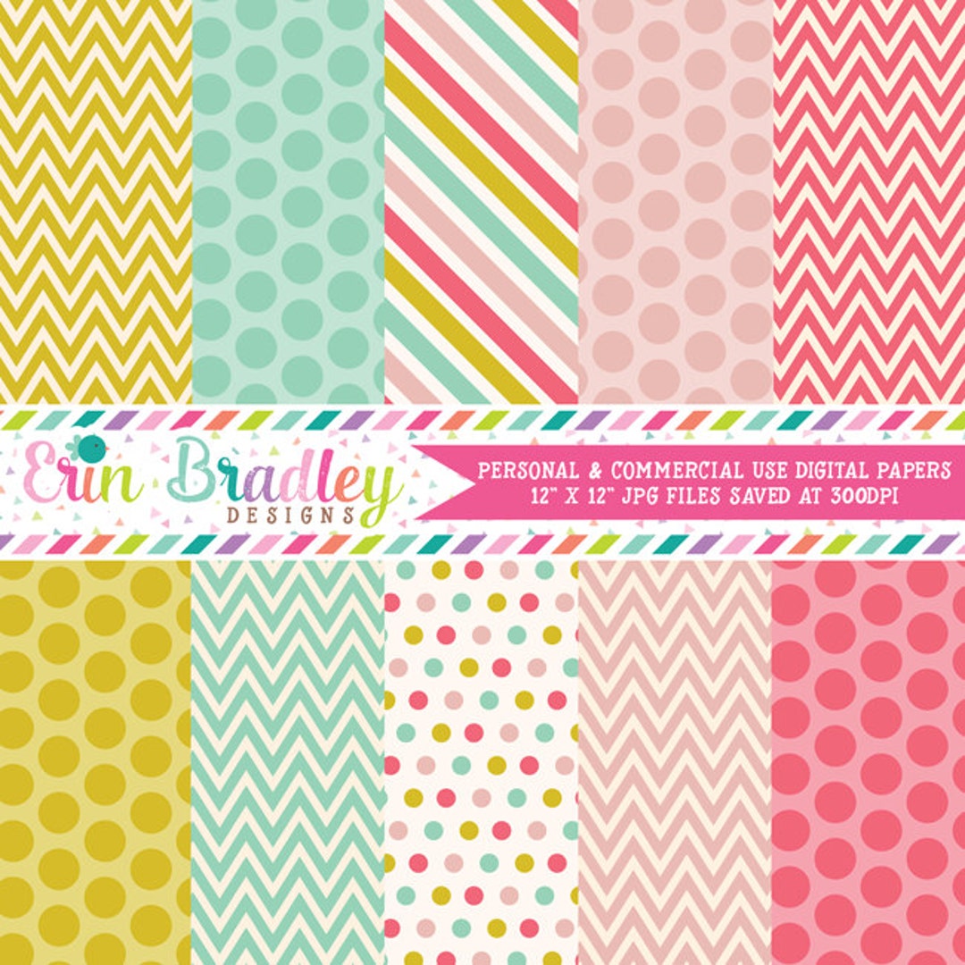 Digital Scrapbook Paper Pack With Chevron Stripes & Polka Dots - Etsy