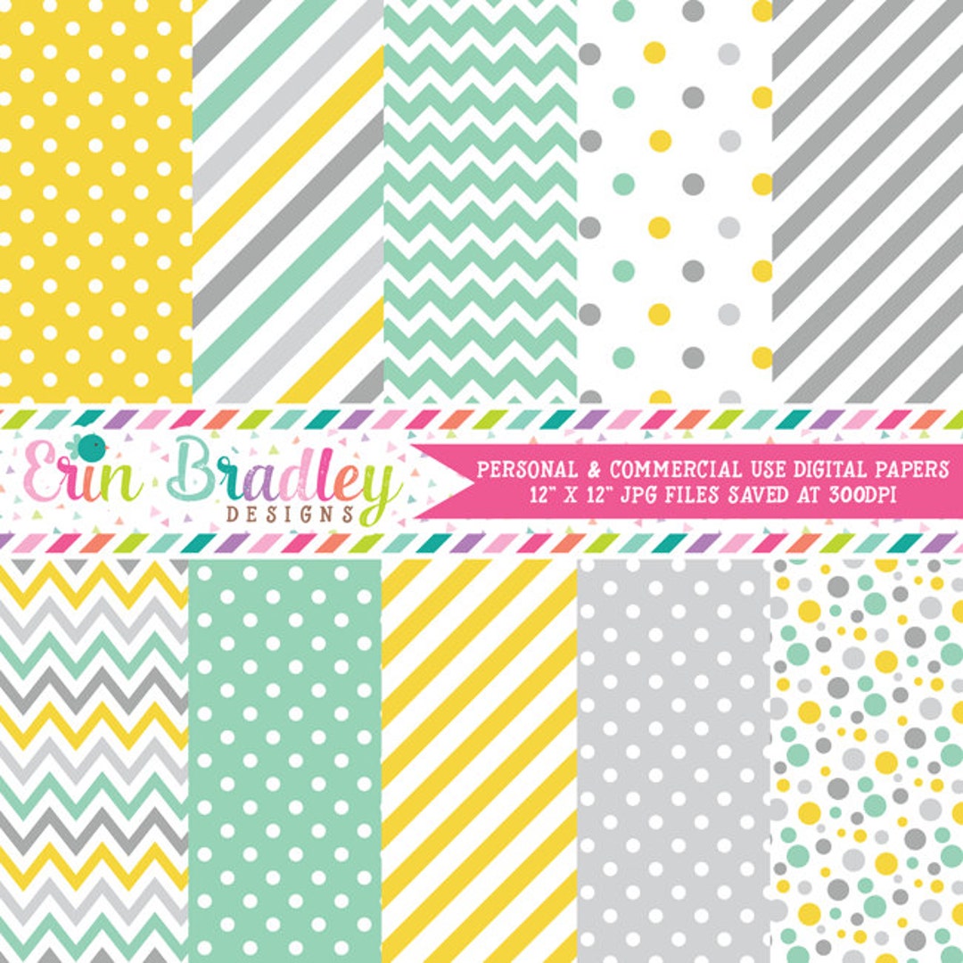 Yellow Aqua & Gray Printable Digital Paper Pack Polka Dots Stripes and ...