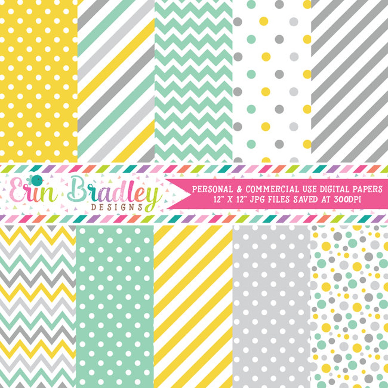 Yellow Aqua & Gray Printable Digital Paper Pack Polka Dots | Etsy