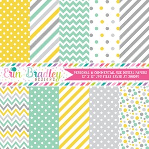 Yellow Aqua & Gray Printable Digital Paper Pack Polka Dots Stripes and ...