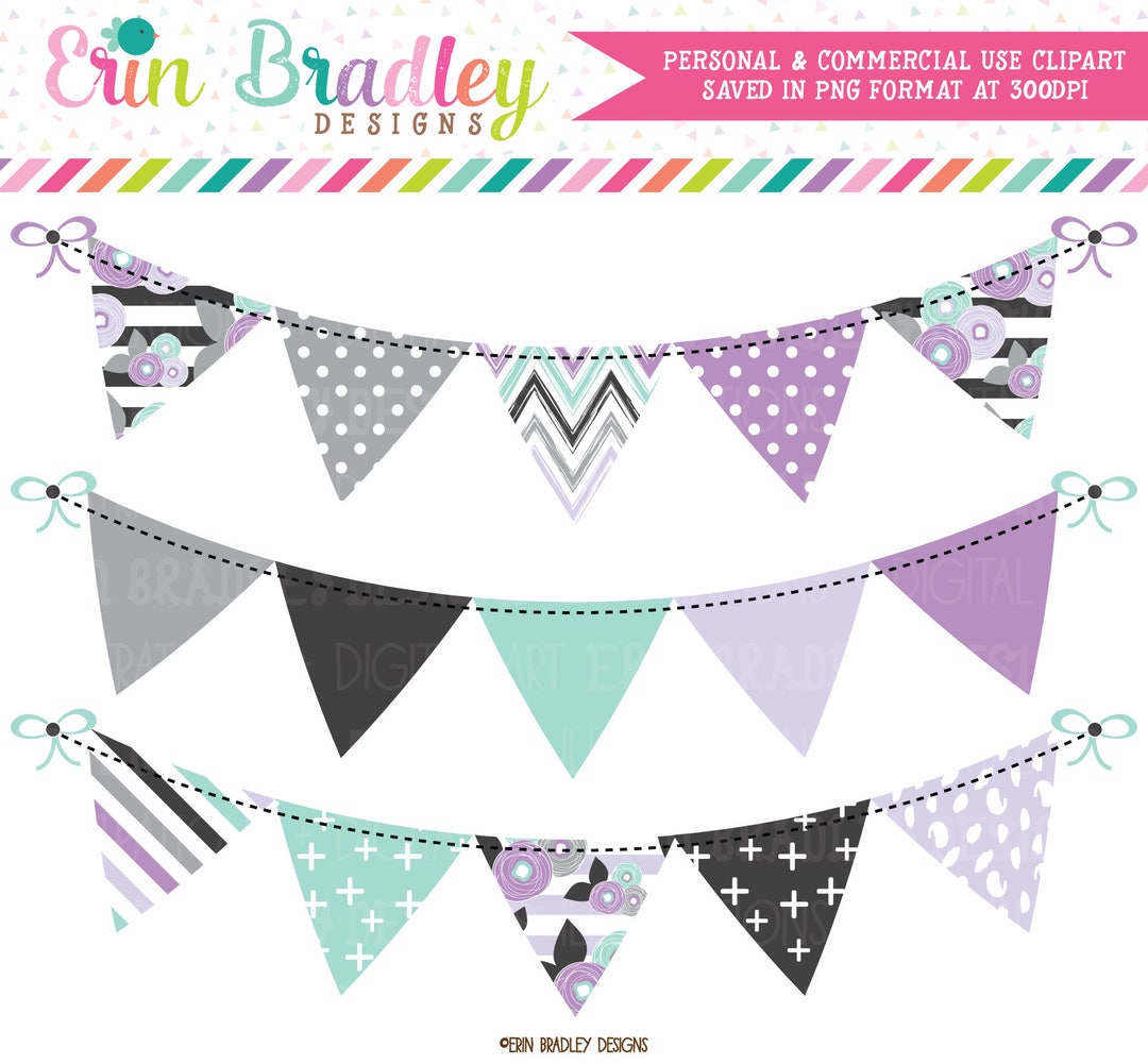 Purple Florals Bunting Clipart Purple Aqua Blue and Gray Banner Flag ...