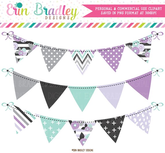 Purple Florals Bunting Clipart Purple Aqua Blue and Gray | Etsy