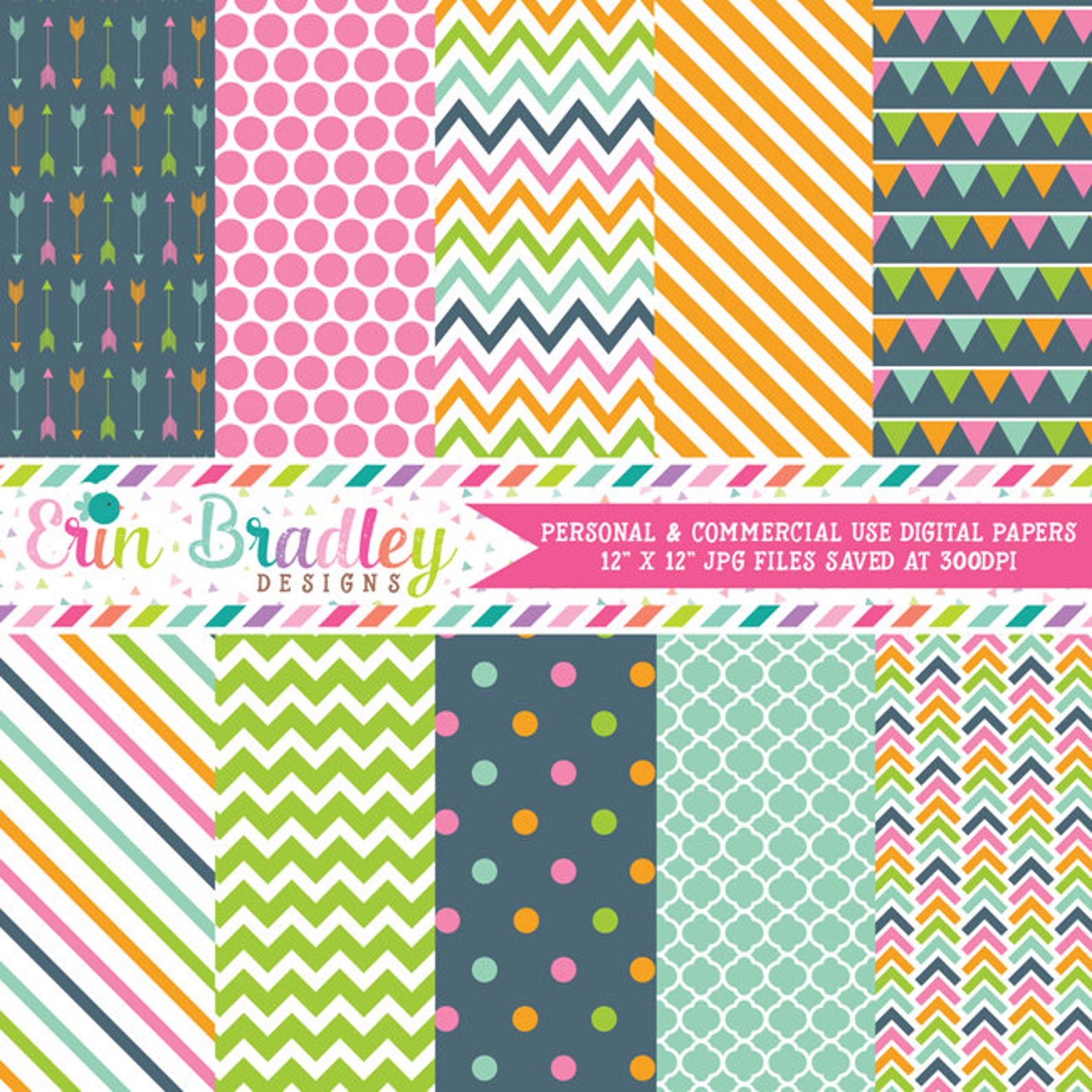 Pink Blue Green Orange Digital Paper Pack Personal & - Etsy