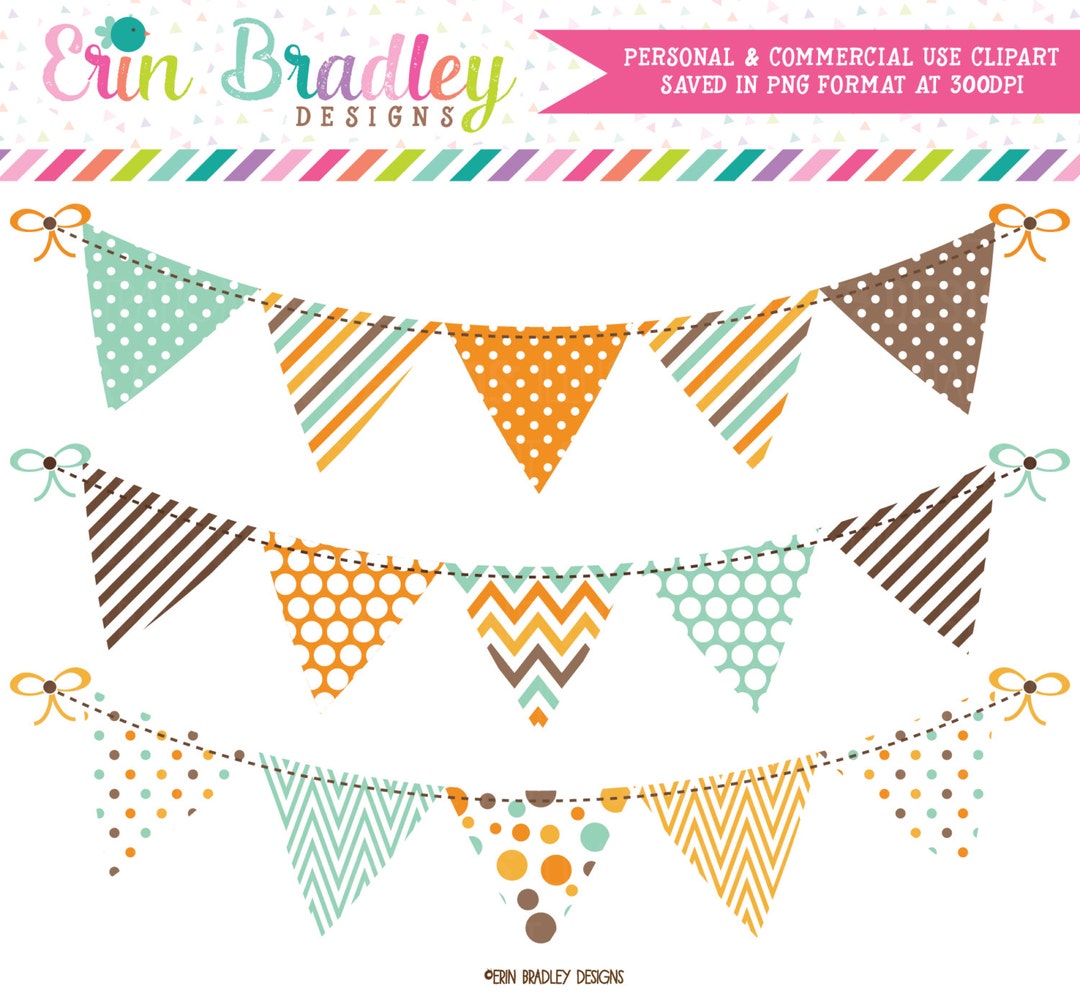 Bunting Clipart Digital Banner Flag Graphics Aqua Blue Orange Brown ...
