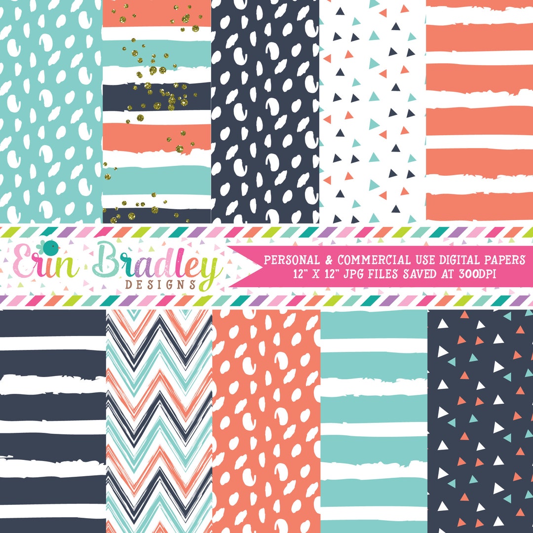 Navy Blue & Orange Digital Paper Pack: Chevron, Stripes (digital ...