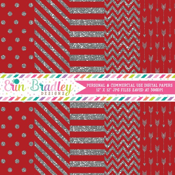 Silver Glitter Digital Paper Pack with Red Commercial Use Digital ...