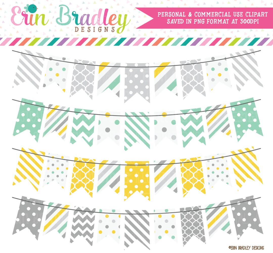 Yellow Aqua & Gray Bunting Banner Flag Clipart Digital Clip Art ...