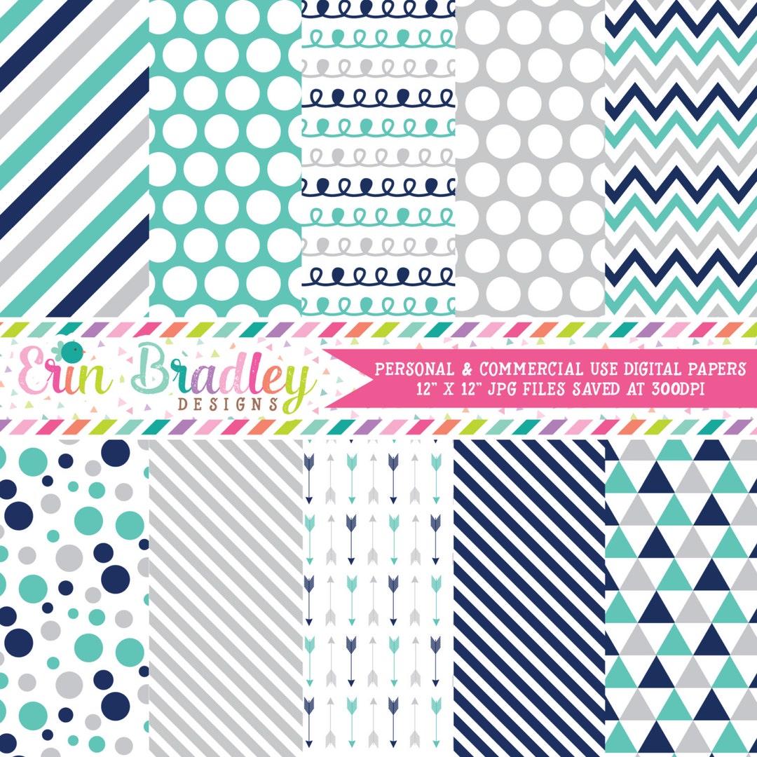 Commercial Use Digital Paper Pack, Navy Blue Turquoise Silver Digital ...