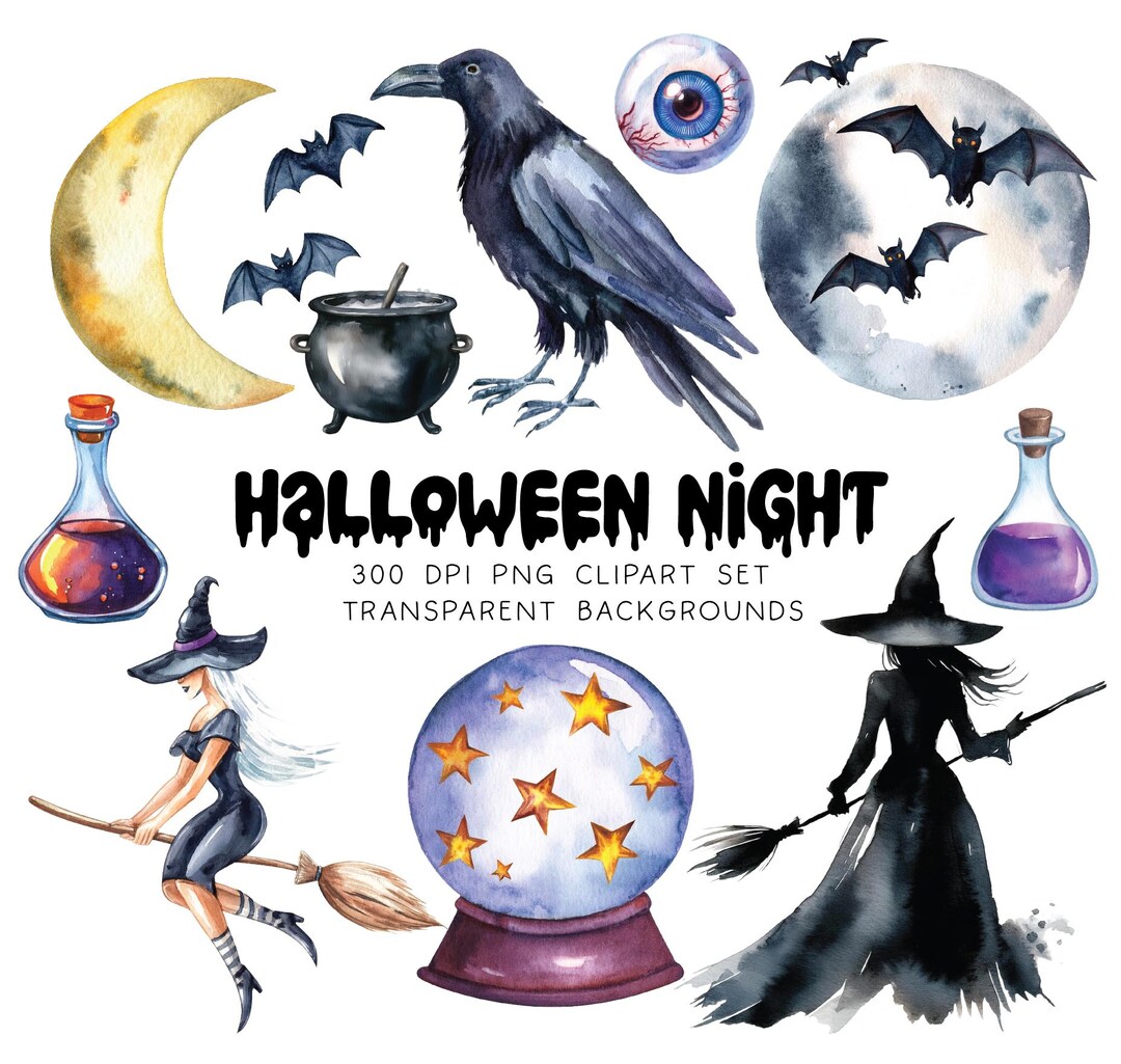 Halloween Night Clipart Set, Spooky Witch Graphics (PNG) - Etsy
