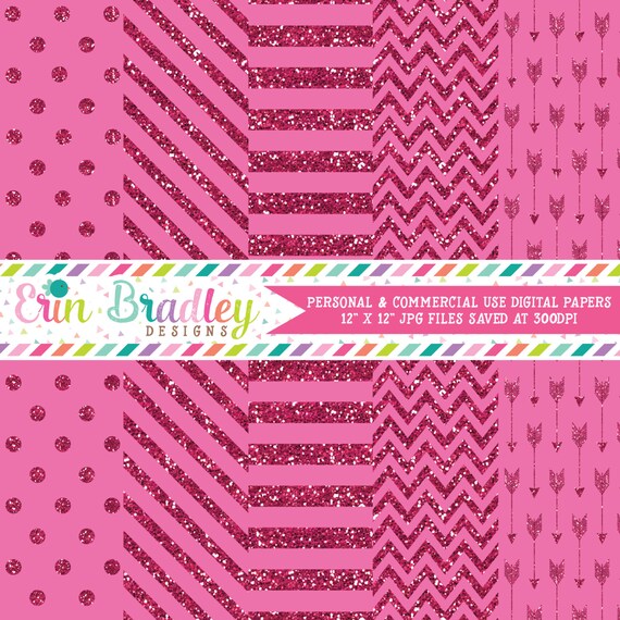 Pink Glitter Digital Paper Pack Stripes Polka Dots Arrows and Chevron ...