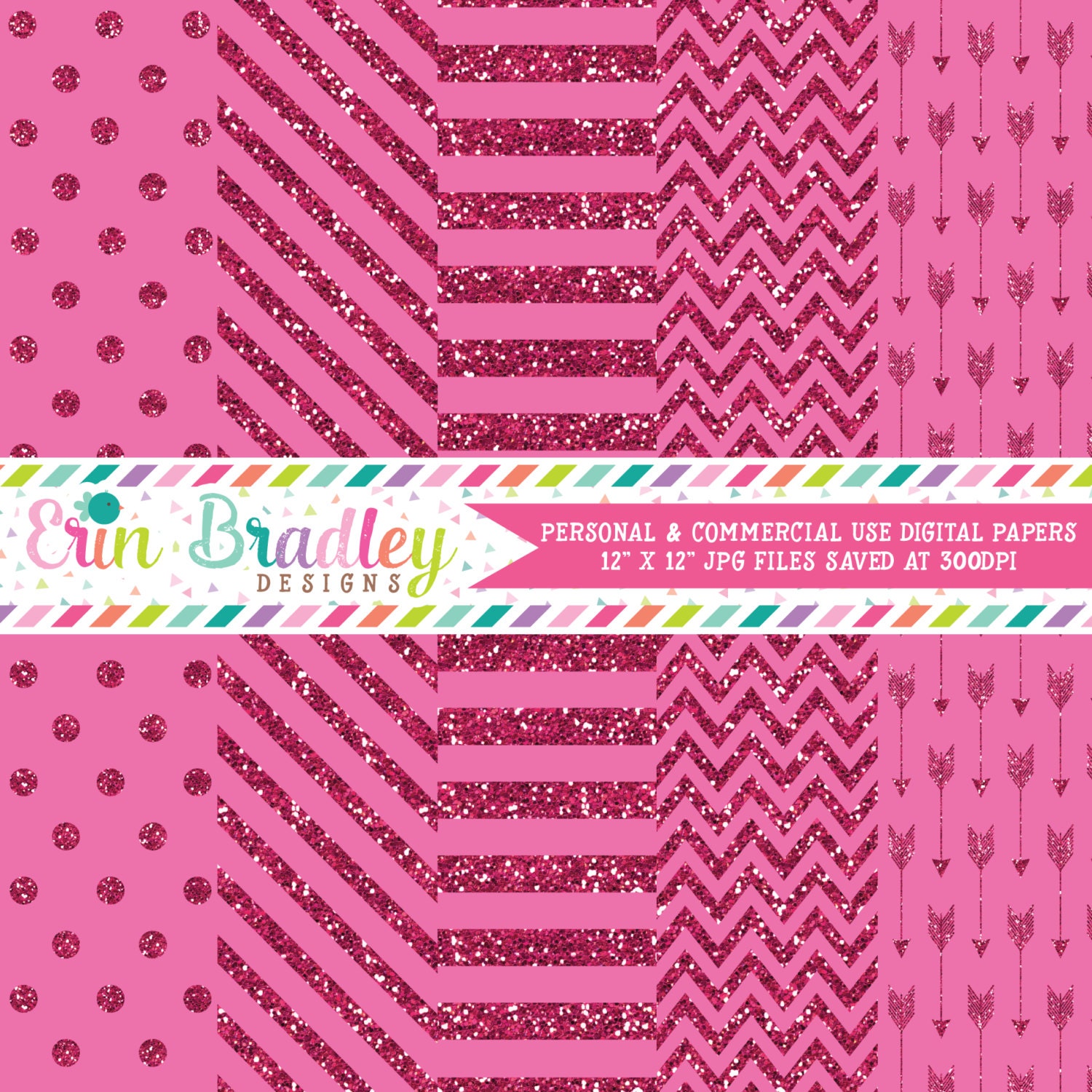 Pink Glitter Digital Paper Pack Stripes Polka Dots Arrows and | Etsy