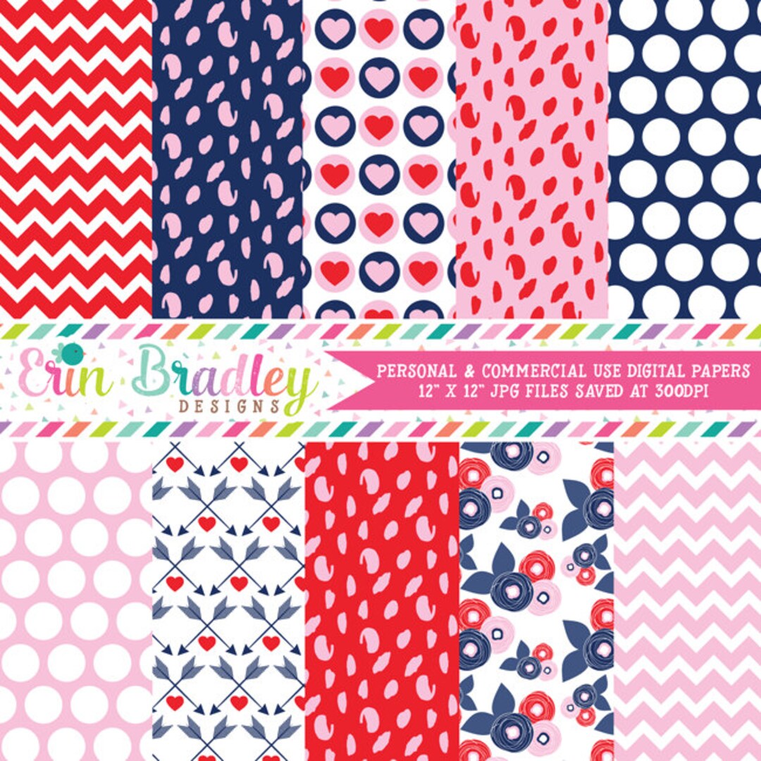 Valentines Day Digital Paper Pack Red Blue & Pink Patterns Commercial ...