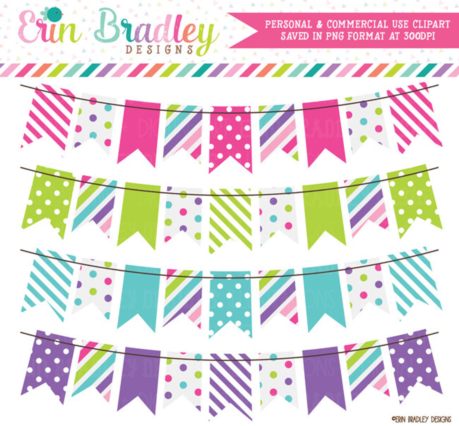 Cotton Candy Colorful Bunting Banner Flag Clipart Clip Art Set Personal ...
