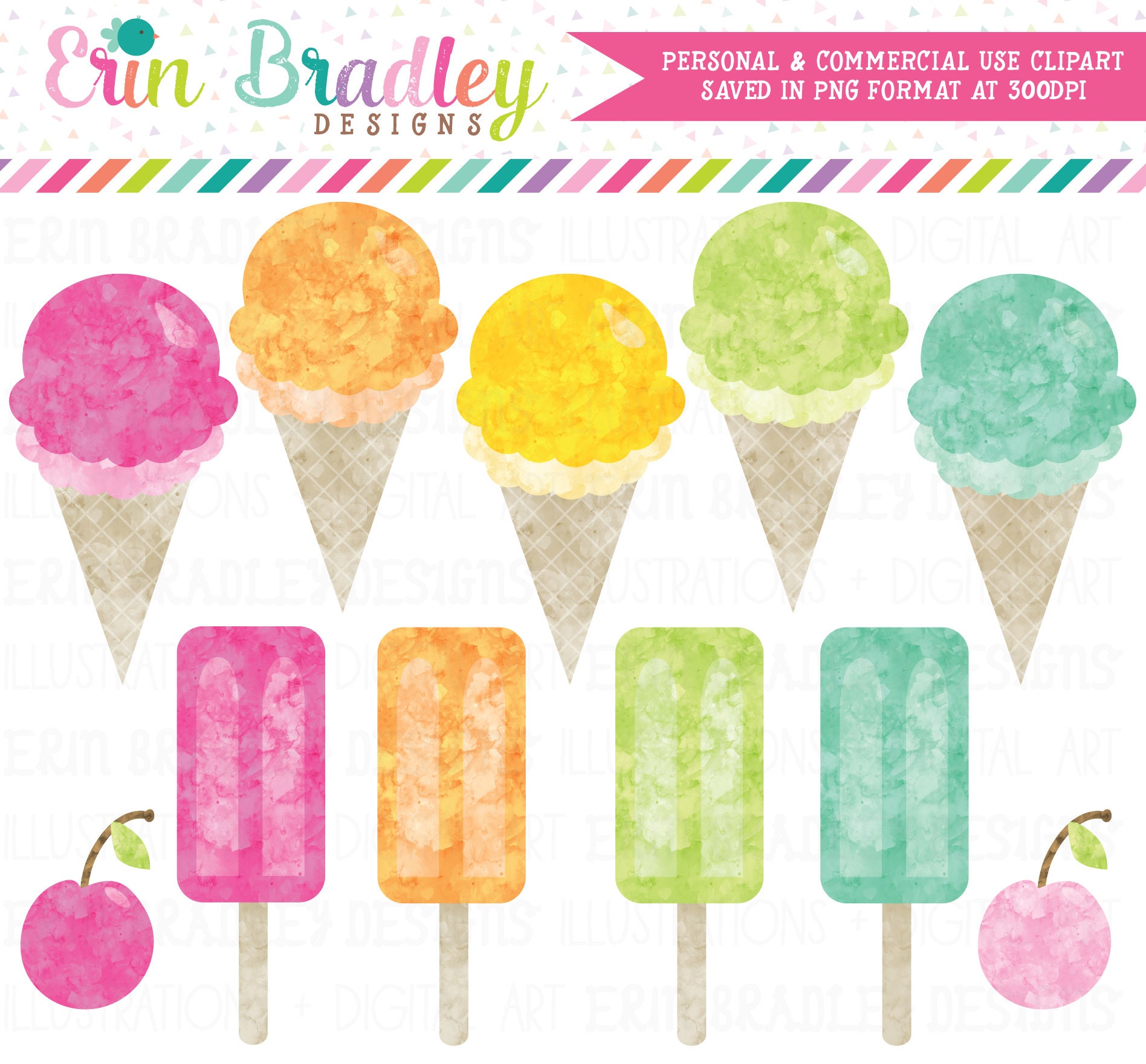 Watercolor Ice Cream Clipart Summer Clipart Ice Cream Party - Etsy