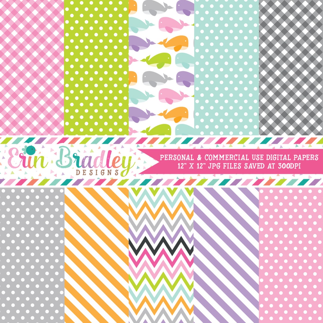 Ocean Digital Papers With Whale Gingham Polka Dotted Chevron Striped ...