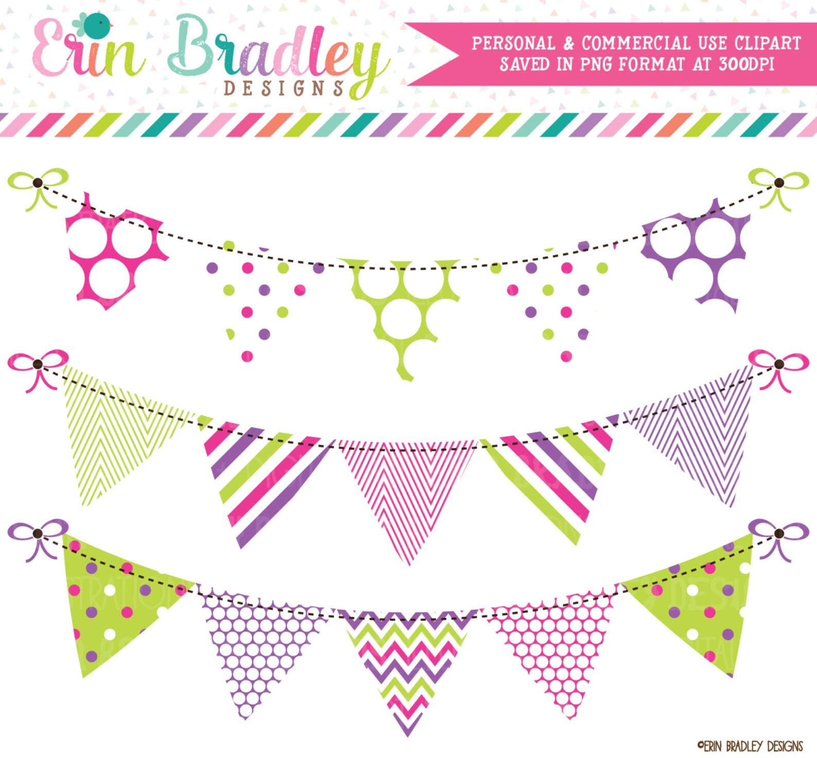 Pink Purple & Green Bunting Clipart Clip Art Commercial Use - Etsy