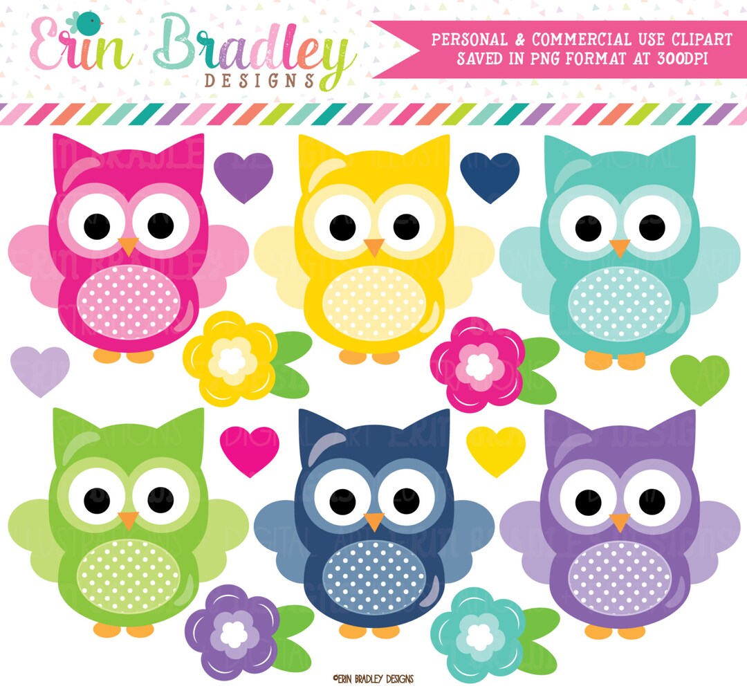Owl Clipart With Flowers and Hearts Instant Download Commercial Use ...