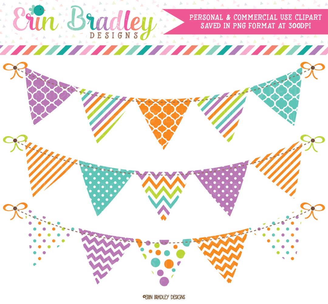 Bunting Clipart Purple Blue Orange & Green Chevron Stripes and Polka ...